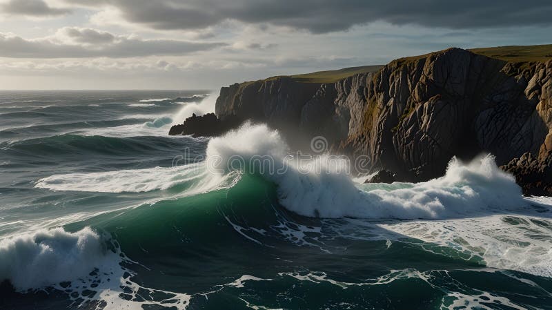 High Coastal Cliffs with Powerful Waves Crashing Against Rugged Rocks ...