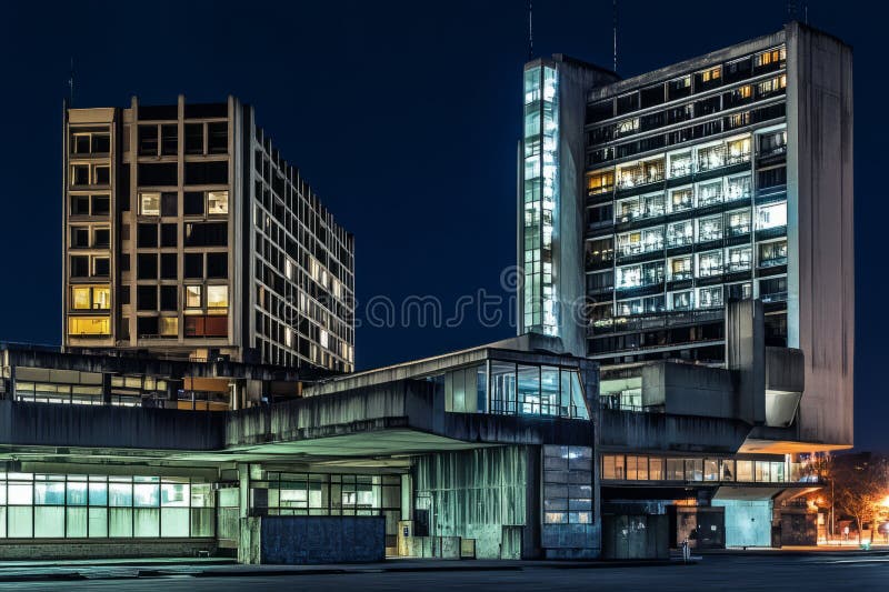 A High-contrast Brutalist Night City with Sharp, Geometric Architecture ...