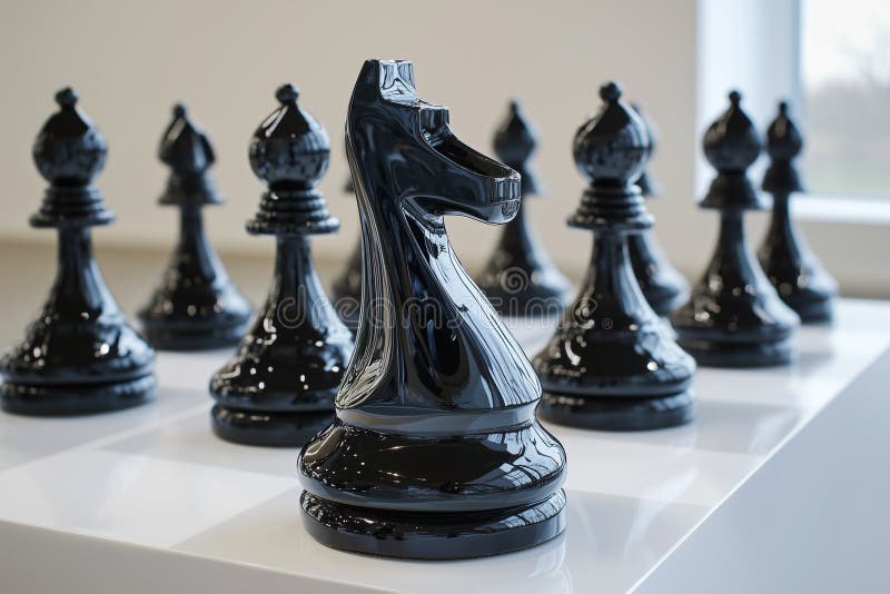 High-contrast Display of Black Chess Pieces Arranged on a Sleek Surface ...