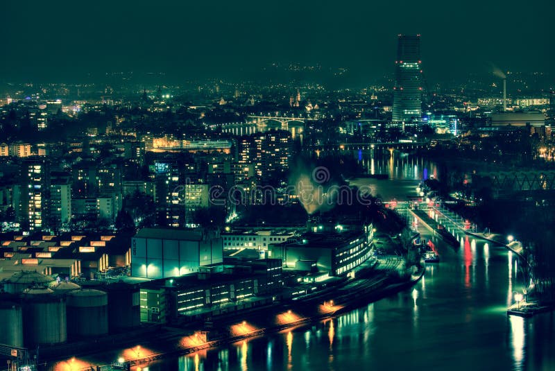 City of Basel at Night in a Green HDR Tone Stock Photo - Image of high ...