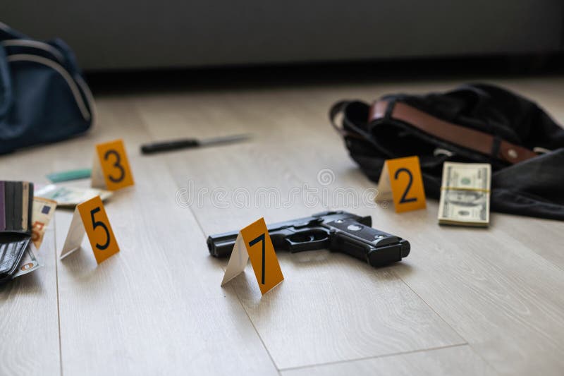 High Contrast Image of a Crime Scene with Evidence Markers Stock Image ...