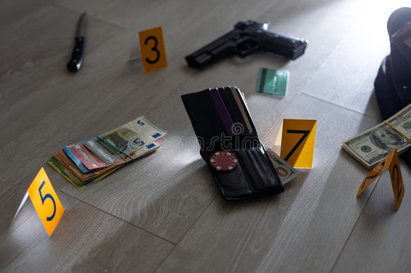 High Contrast Image of a Crime Scene with Evidence Markers Stock Photo ...