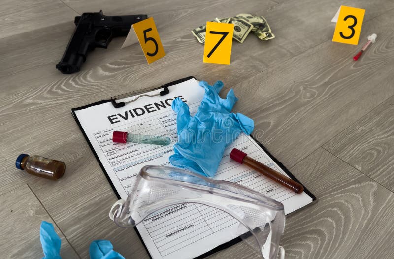 High Contrast Image of a Crime Scene with Gun and Markers on the Floor ...