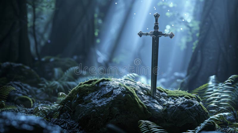 High Contrast Image of Excalibur, Sword in the Stone with Light Rays and Dust Specs in a Dark ...
