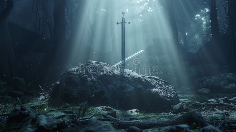 High Contrast Image of Excalibur, Sword in the Stone with Light Rays ...