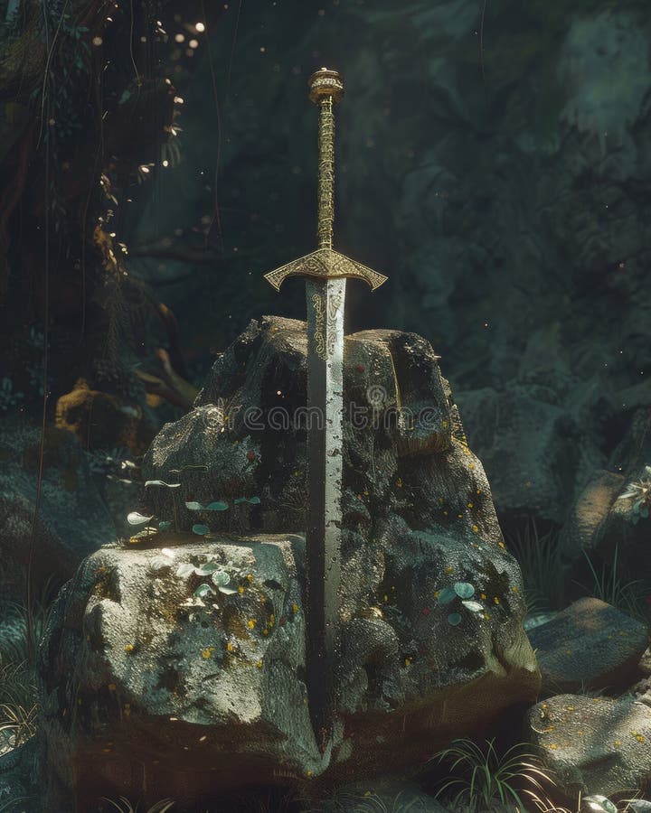 High Contrast Image of Excalibur, Sword in the Stone with Light Rays ...