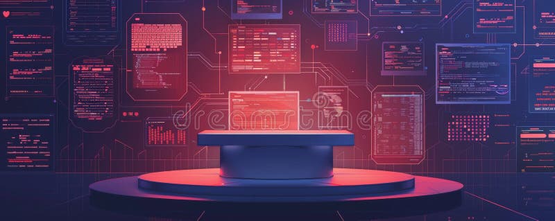 High-contrast Tech Mockup with a Central Podium and Digital Interface ...