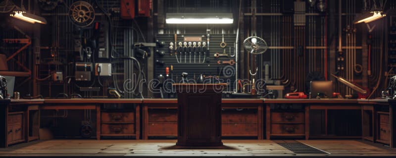 High-contrast Workshop Scene with Central Podium and Various Tools in ...