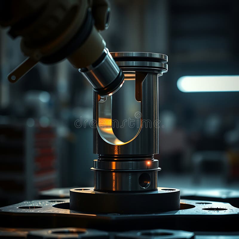 A High Contrast Image of a Hydraulic Piston Being Assembled with ...