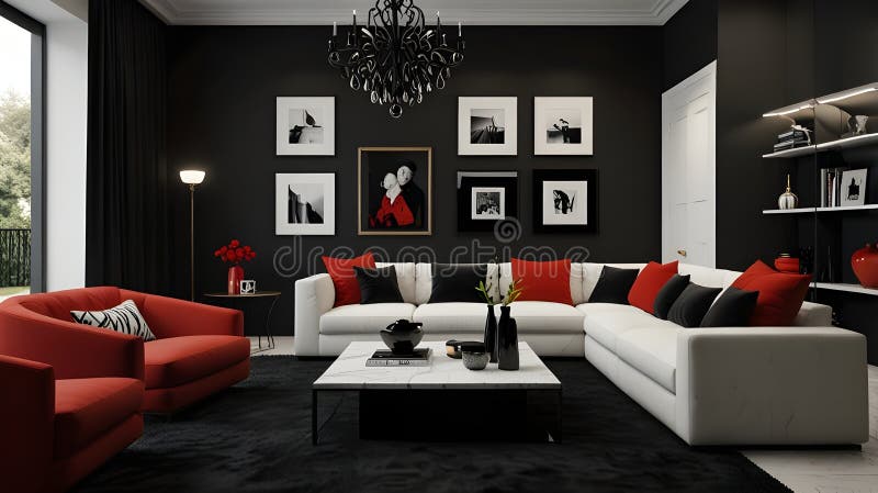 High-contrast Living Room with Black, White, and Red Elements for a ...
