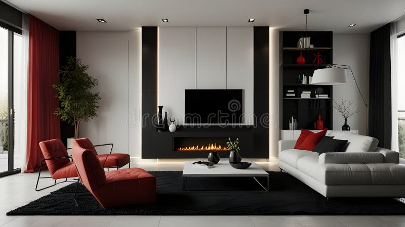 High-contrast Living Room with Black, White, and Red Elements for a ...