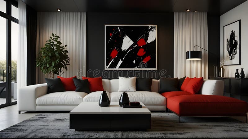 High-contrast Living Room with Black, White, and Red Elements for a ...