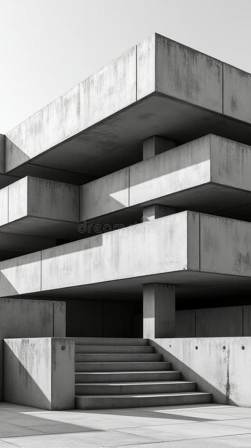 High Contrast Monochrome View of a Brutalist Building S Layered ...