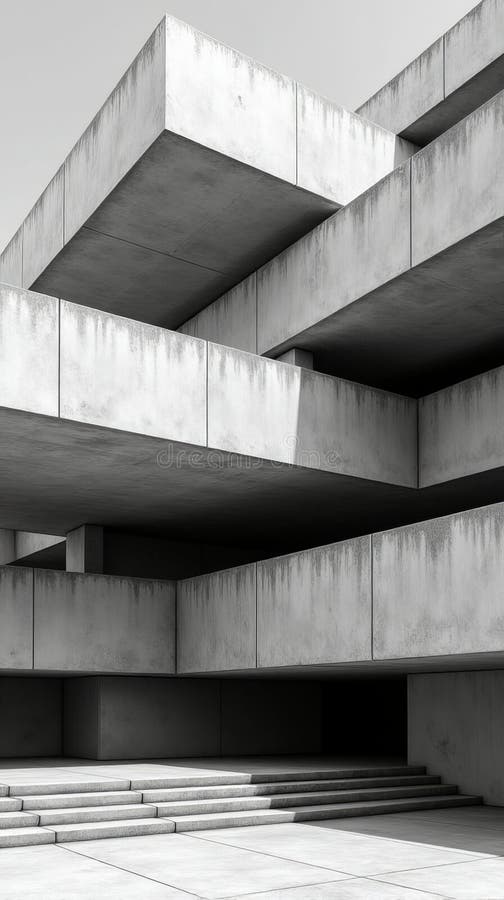 High Contrast Monochrome View of a Brutalist Building S Layered ...