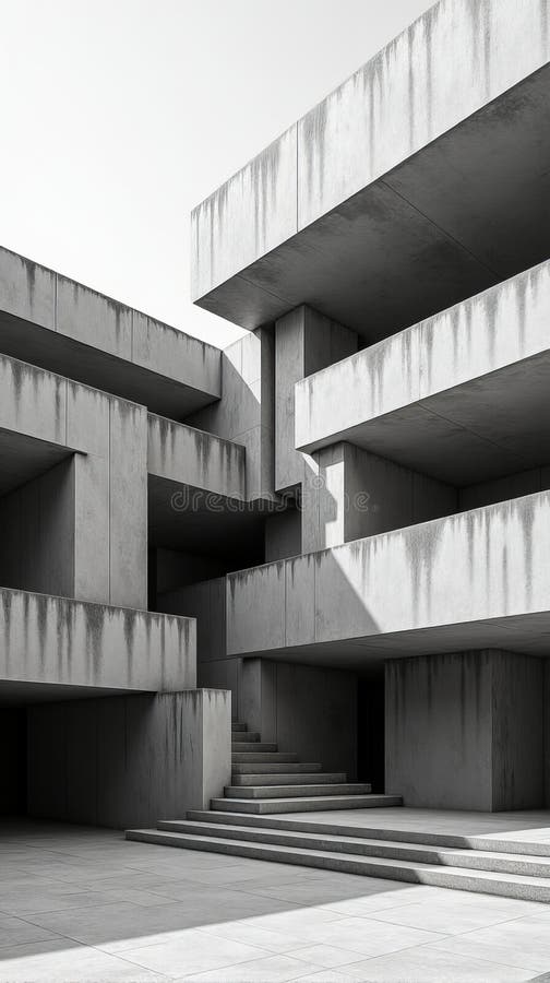 High Contrast Monochrome View of a Brutalist Building S Layered ...