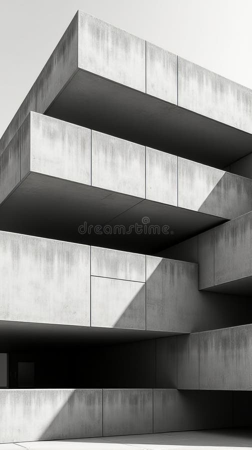 High Contrast Monochrome View of a Brutalist Building S Layered ...