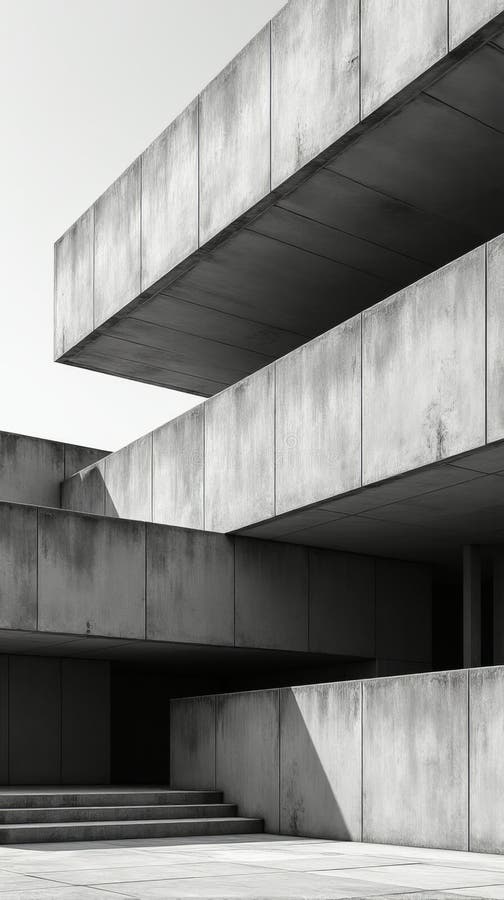 High Contrast Monochrome View of a Brutalist Building S Layered ...