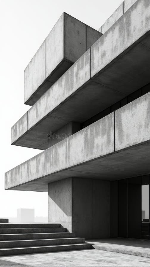 High Contrast Monochrome View of a Brutalist Building S Layered ...
