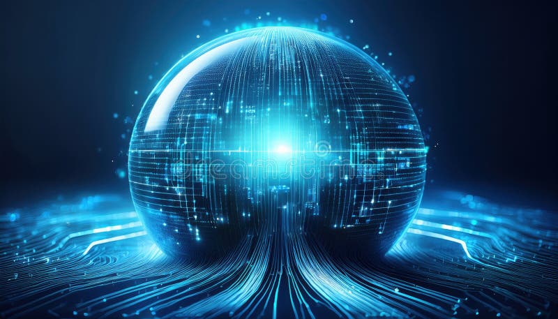 High Contrast Sphere with Circuit Background and Flowing Data Streams ...