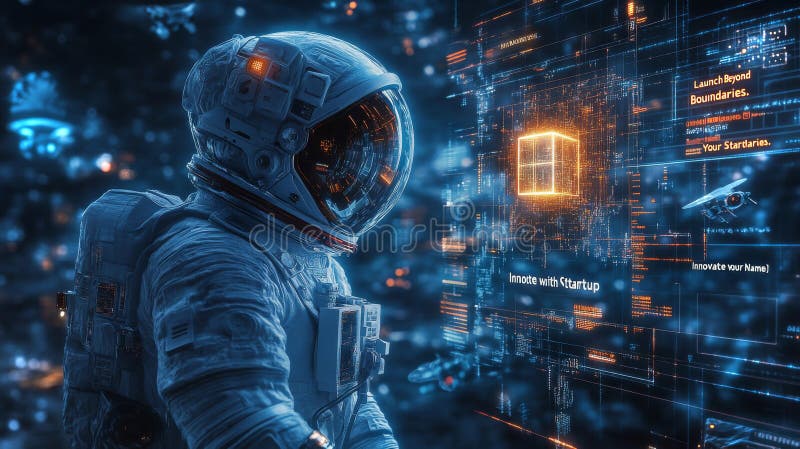 High-contrast View of an Astronaut Interacting with Futuristic ...