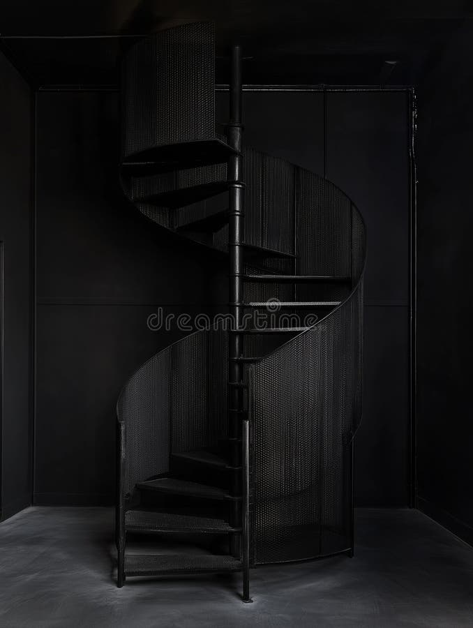 High-contrast View of a Spiraling Black Staircase in a Minimalist ...