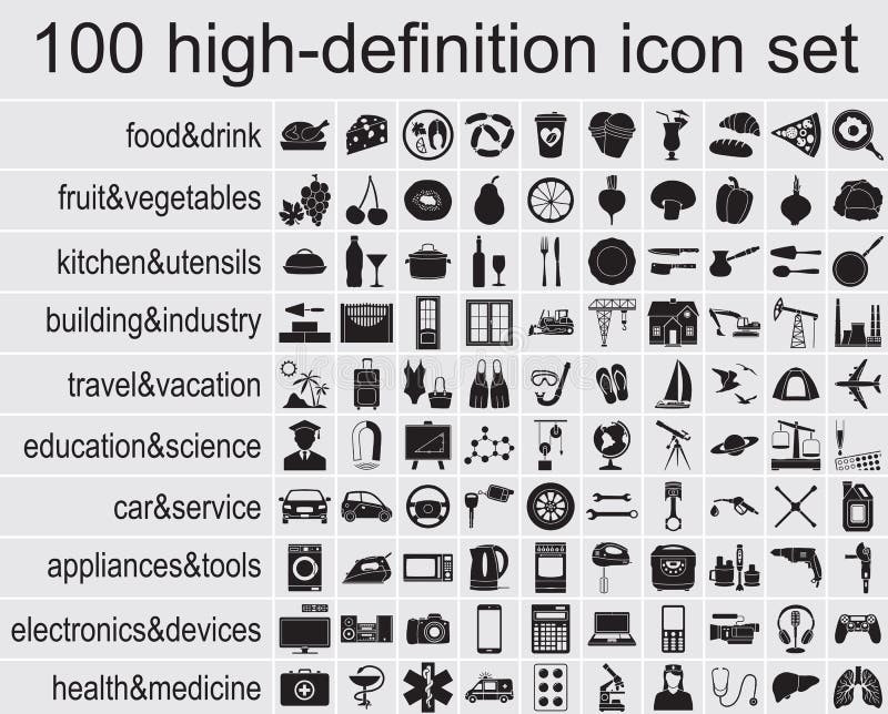 100 High-definition Icon Set Stock Vector - Illustration of graphic ...