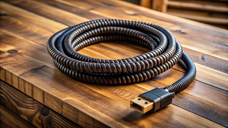 High-definition Multimedia Interface Cable Coiled on Wooden Surface ...