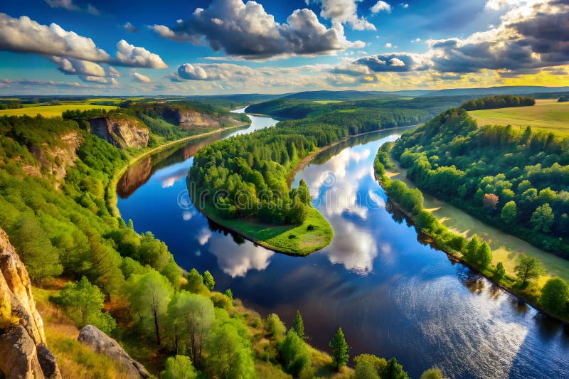 Panoramic River Landscape for Tourism Stock Illustration - Illustration ...