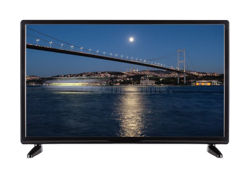 High-definition Television with Night City and Bridge Illuminat Stock ...