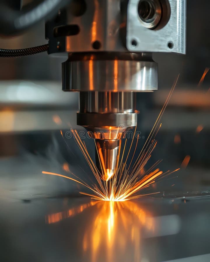 High-Detail Close-Up of Laser Cutting Process with Sparks Flying in a ...