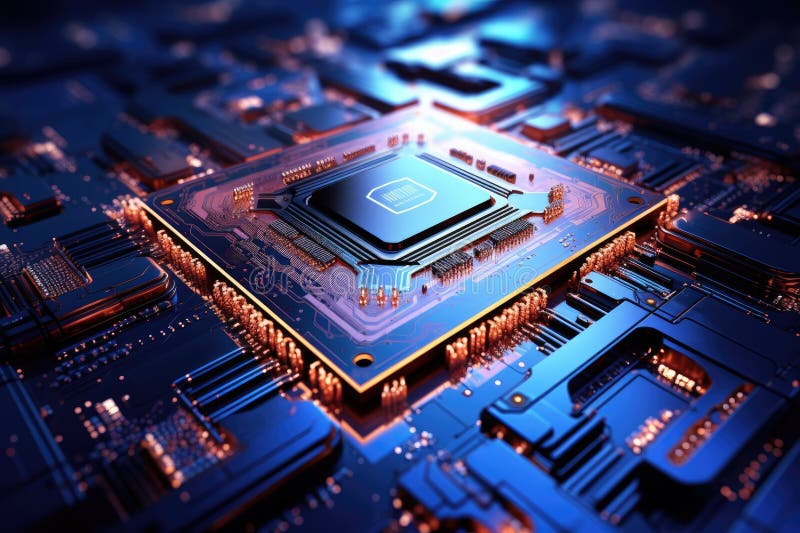 High-Detail Close-Up of Microprocessor Chip on Blue Circuit Board ...