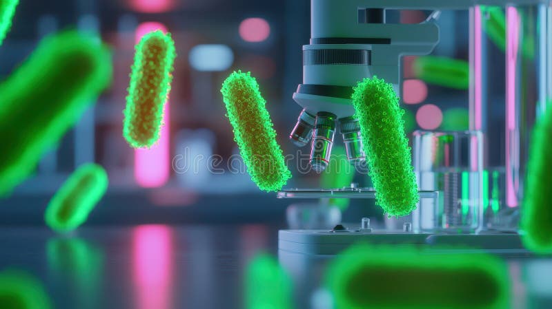 Microscopic Bacteria Research 3D Render of Green Bacteria Under ...
