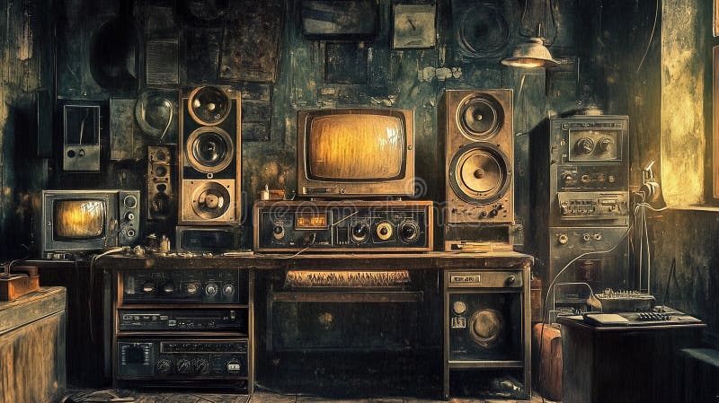 High Detail Depiction of Vintage Audio Equipment and Retro Television ...