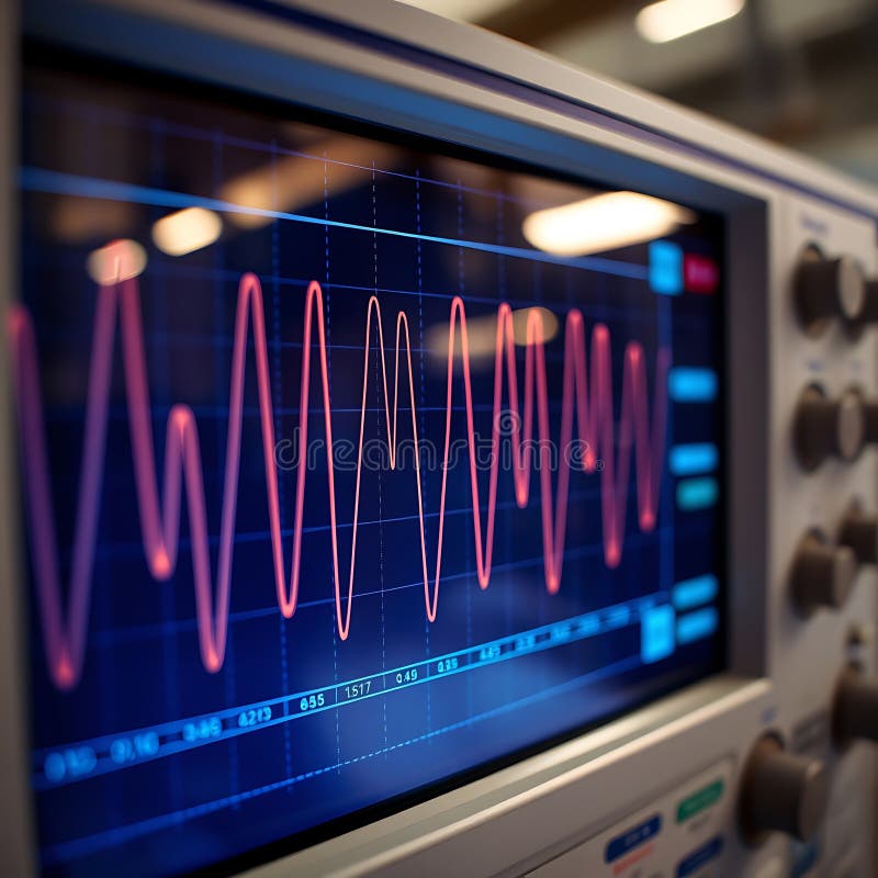 High Detail Macro Shot of an Oscilloscopes Screen Showing a Complex ...