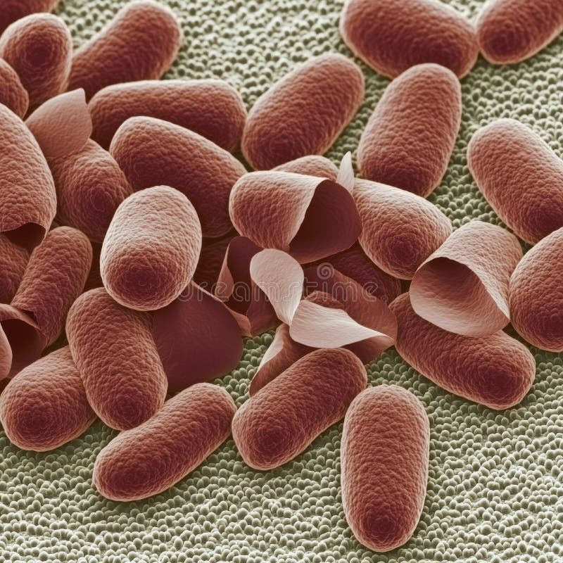 High-Detail Micrograph of Red Bacteria on a Surface with Visible Cell ...