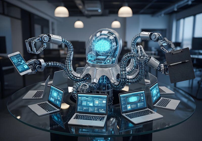 Mechanical Octopus Operating Multiple Laptops Stock Illustrations – 14 ...