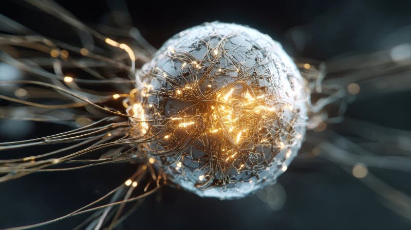 Close-up of a Glowing Neural Sphere with Entangled Metallic Wires and ...
