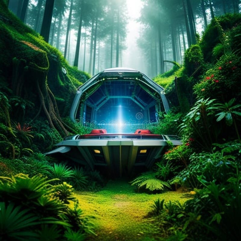 Spaceship Surrounded by Tall Trees and Exotic Vegetation Generative AI ...