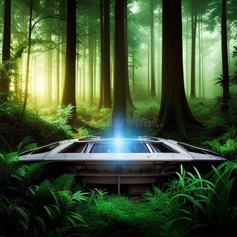 Crashed Spaceship in a Dense Forest, Surrounded by Tall Trees and ...