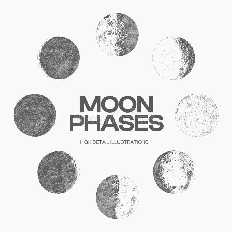 High Detail Sketch of Moon Phase, Cycle, Stage Stock Vector ...