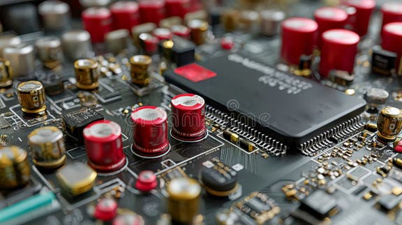 High-detail View of a Complex Computer Motherboard with Various Red and ...