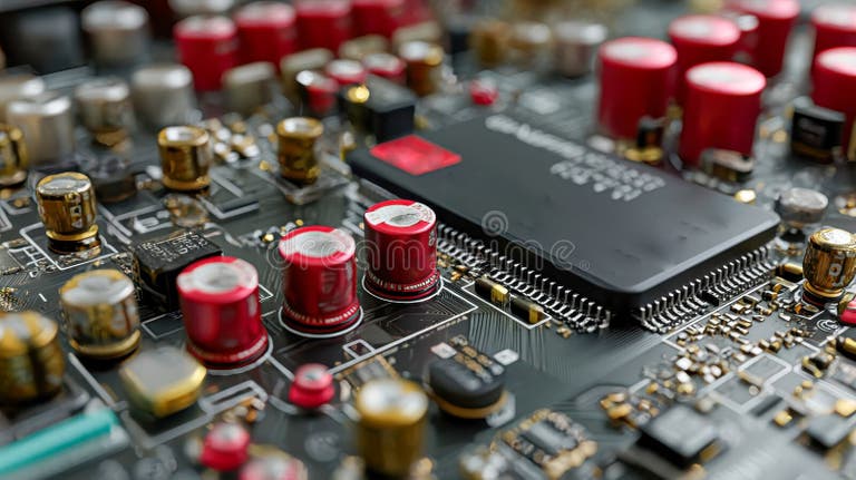 High-detail View of a Complex Computer Motherboard with Various Red and ...