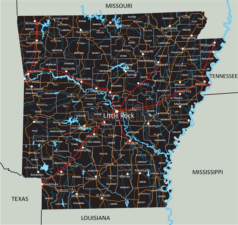 Detailed Arkansas Road Map with Labeling. Stock Vector - Illustration ... Detailed Arkansas Road Map with Labeling. Stock Vector - Illustration ...