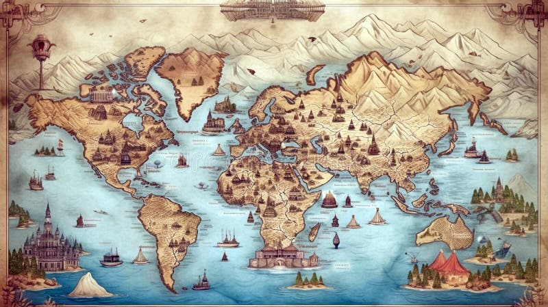 High Detailed, Old World Map with Decorative Elements. Vintage Map ...