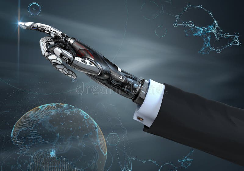 High Detailed Robotic Hand in Business Suit Pointing with Index Finger ...