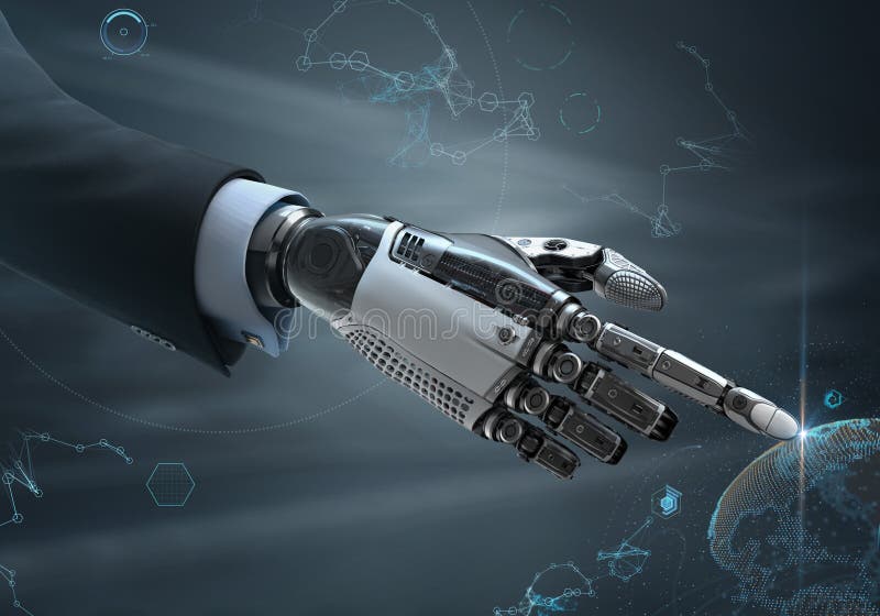 High Detailed Robotic Hand in Business Suit Pointing with Index Finger ...