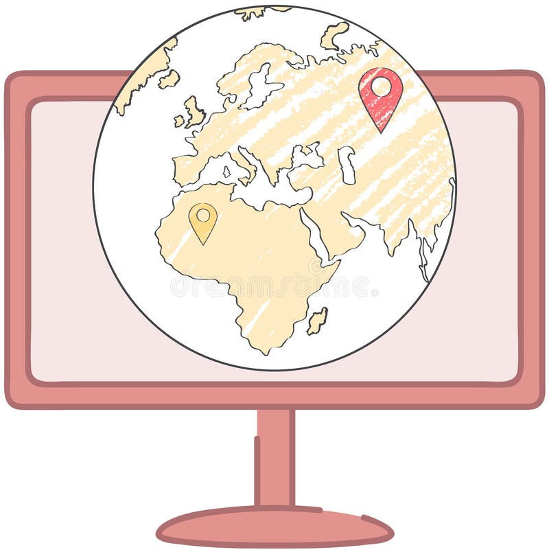 Map of Earth with Marks, Scheme of World on Monitor. Diagram of Planet ...