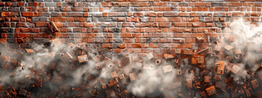 Exploding Brick Wall with Flying Debris and Dust Stock Photo - Image of ...