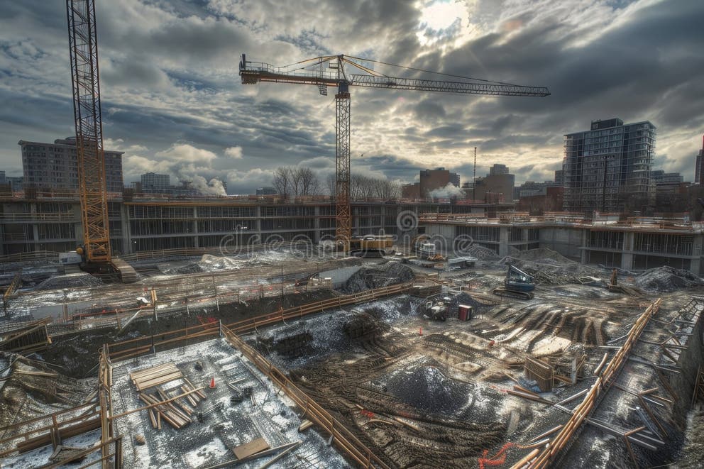 High Dynamic Range Construction Site with Impressive Cranes in High ...