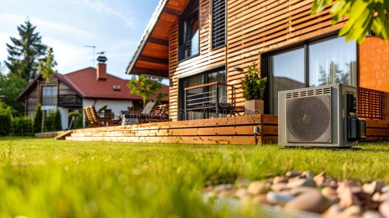 High Efficiency Modern AC-heater Unit Set Against the Modern House ...